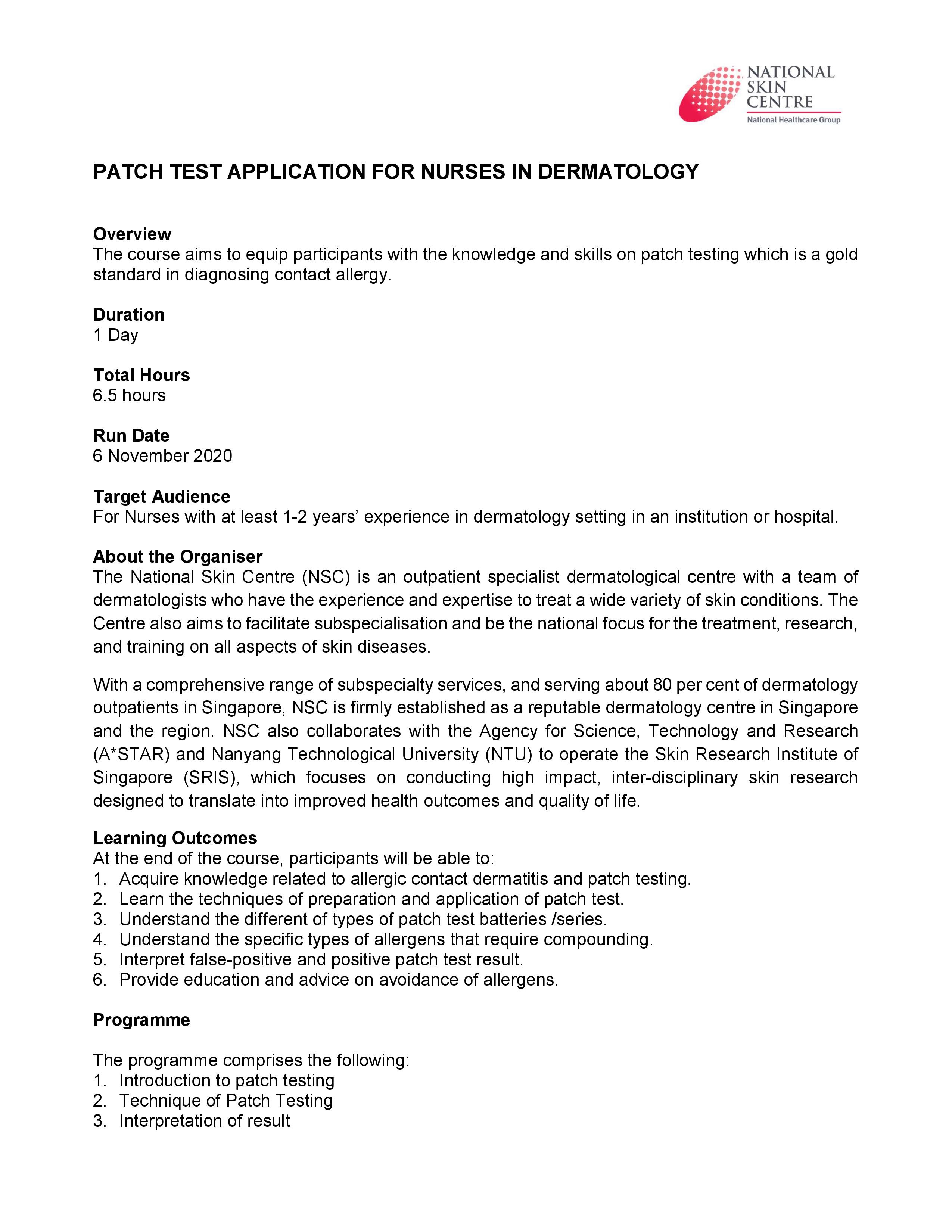 Patch test application for Nurses in Dermatology 2020 | National Skin ...
